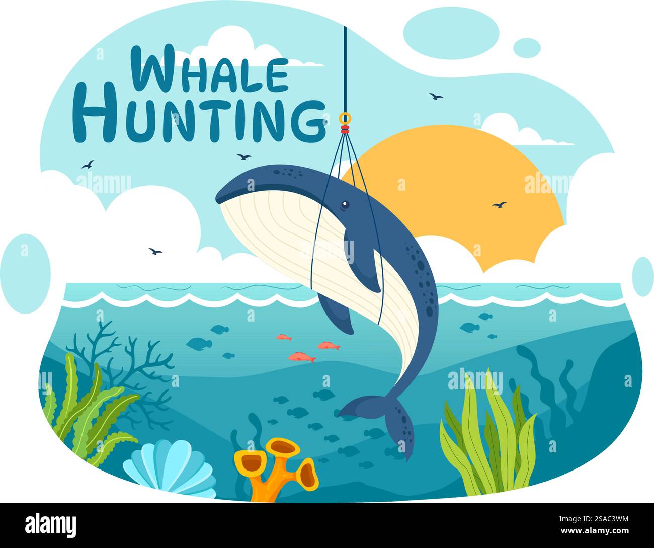 Whale Hunting Vector Illustration with the Activity of Catch Whales to Obtain Products that ...