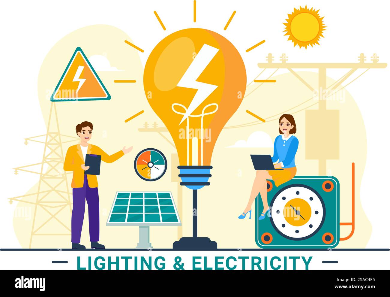 Lighting and Electricity Vector Illustration with Lamp and Energy ...