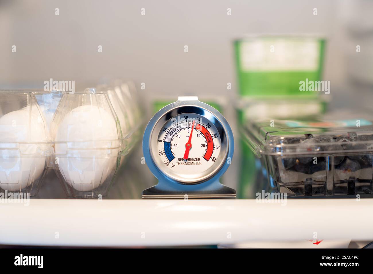 Refrigerator thermometer with eggs and blueberries in cold storage unit ...