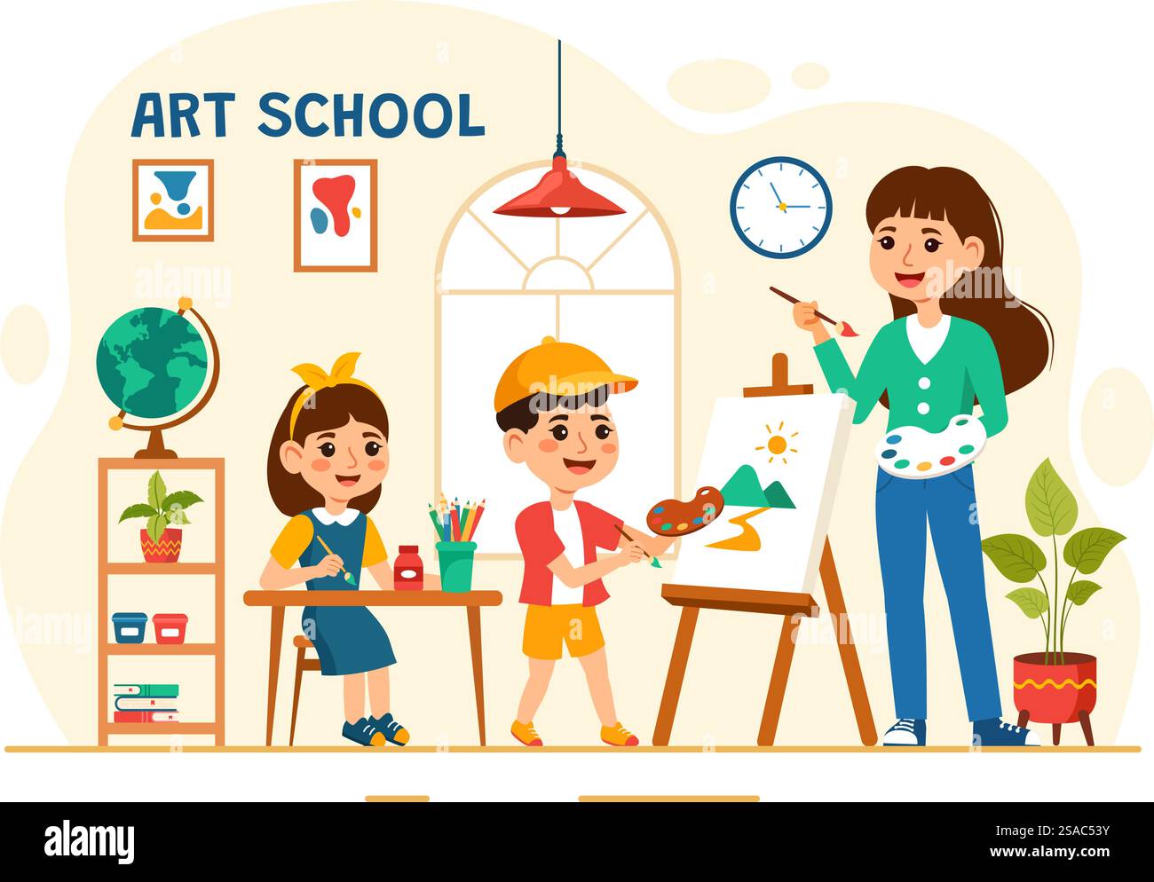 Art School Vector Illustration with Kids of Painting with Live Model or ...