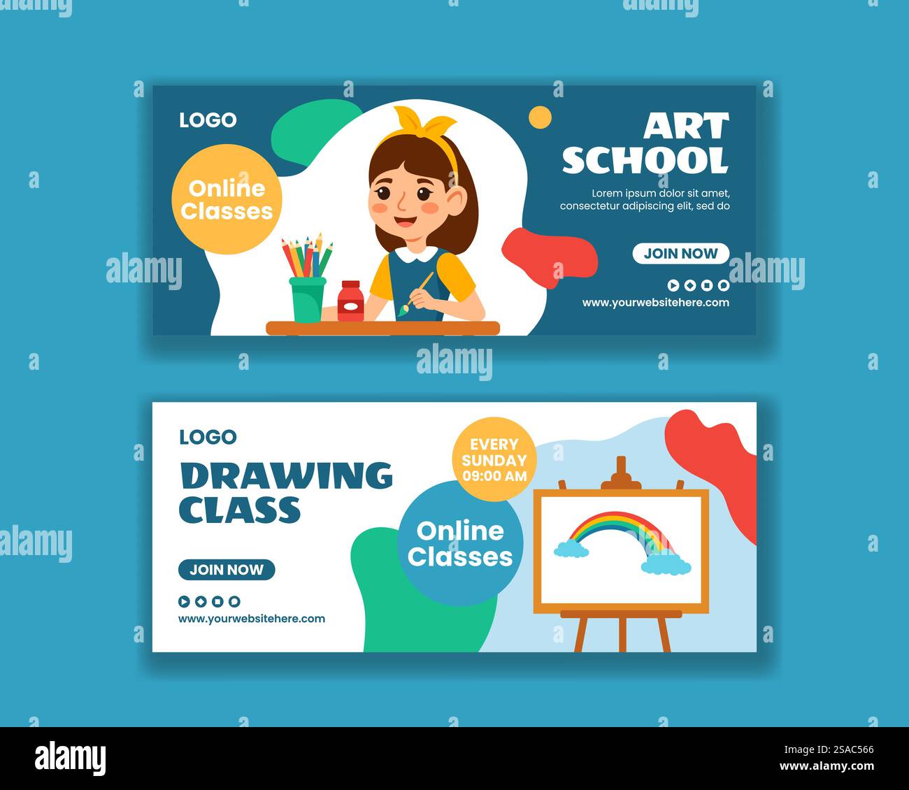 Art School Horizontal Banner Flat Cartoon Hand Drawn Templates ...