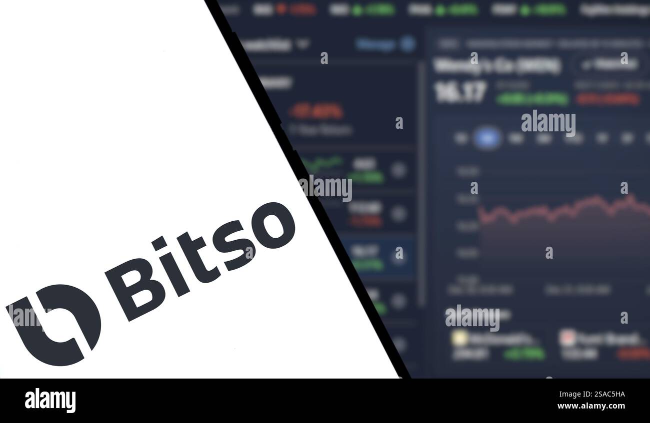 Bitso logo is displayed on smartphone. Bitso began as a global ...