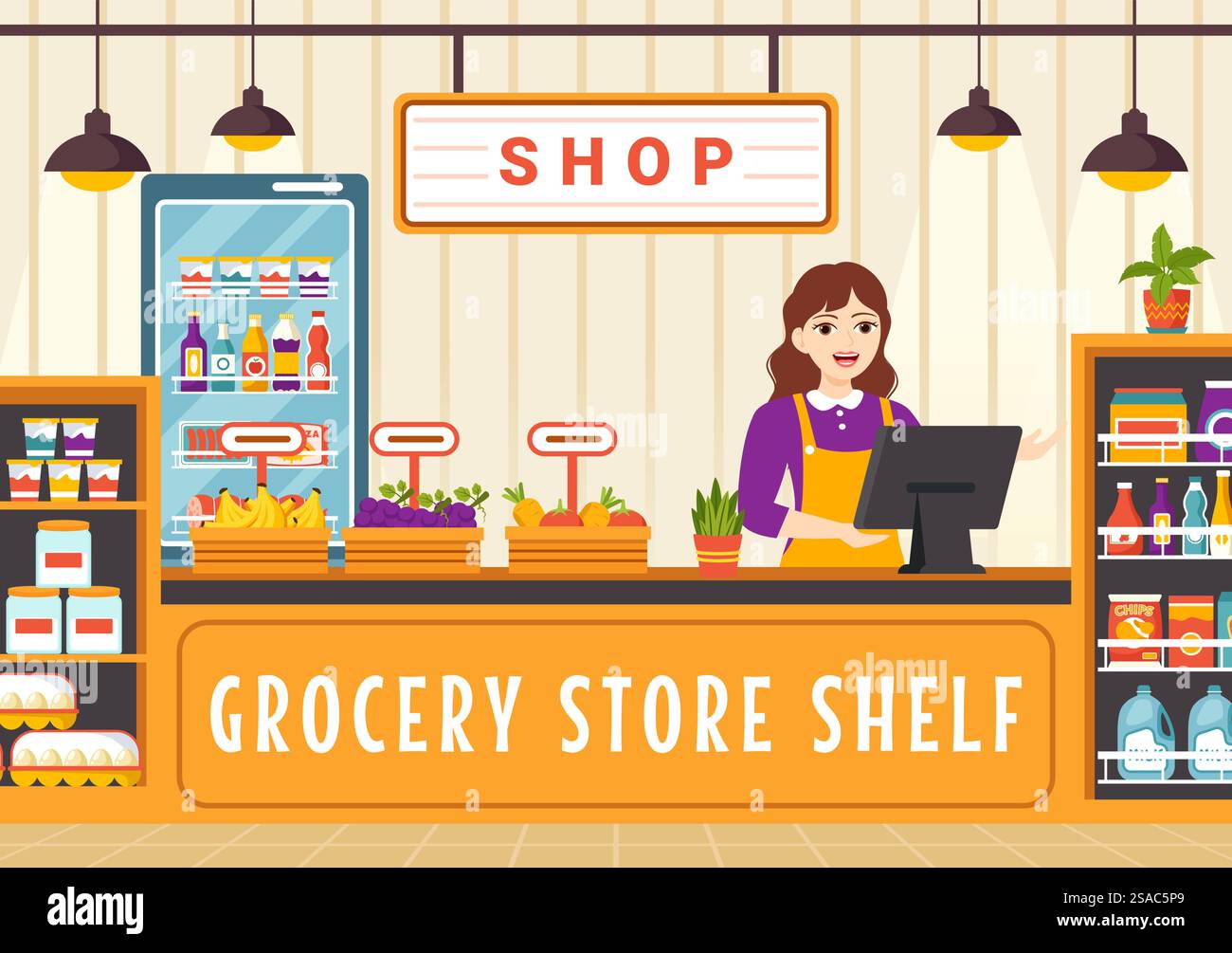 Grocery Store Shelf Vector Illustration with Foods Items and Products ...