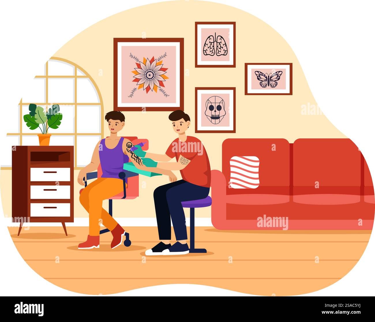 Tattoo Salon Vector Illustration of Tattooist from Designing, Drawing ...