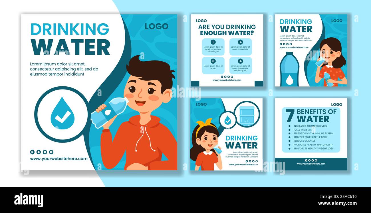 Drinking Water Social Media Post Flat Cartoon Hand Drawn Templates ...