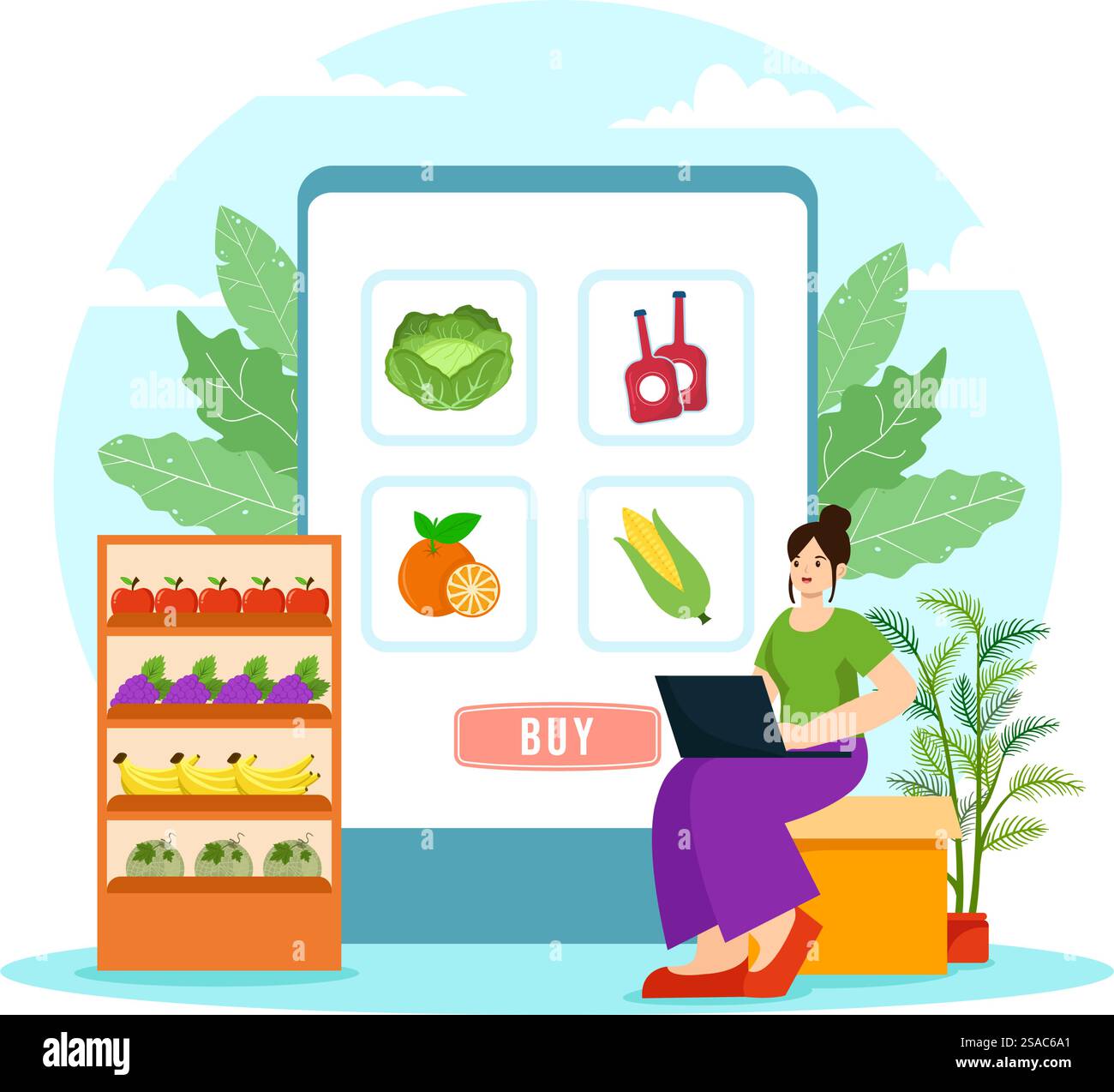 Online Grocery Store Vector Illustration with Food Product Shelves ...