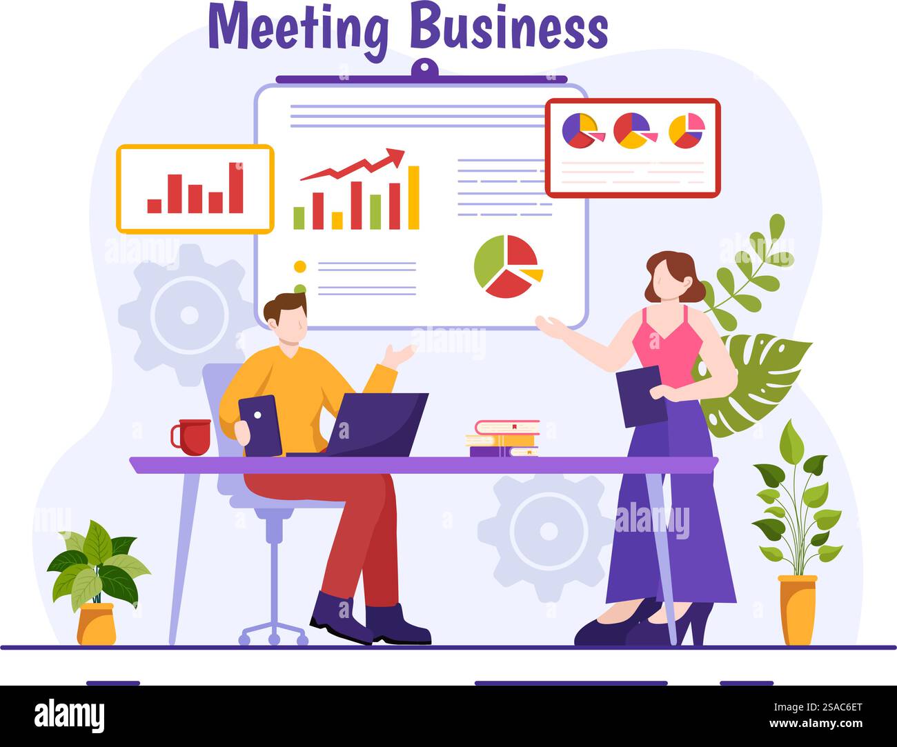 Business Meeting Vector Illustration with Businessman and Employees on ...