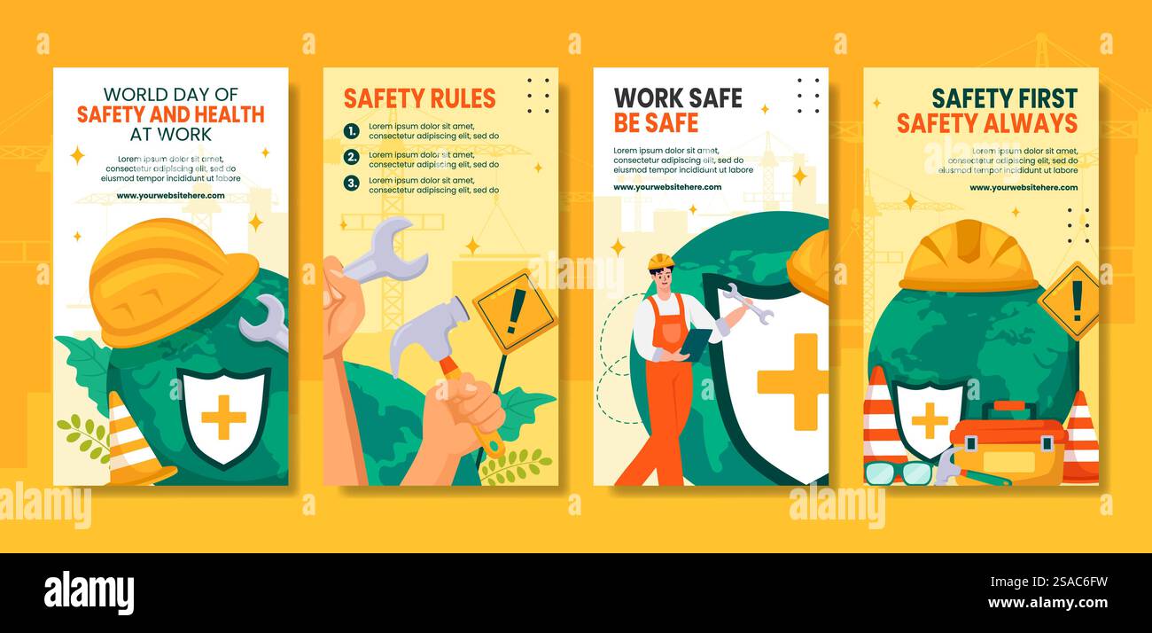 Safety and Health at Work Day Social Media Stories Cartoon Templates ...