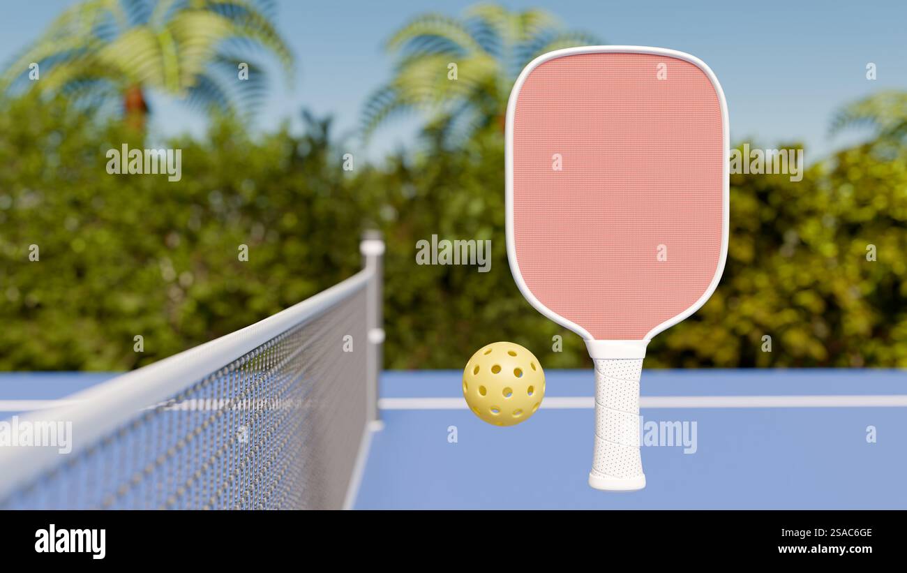 A pickleball paddle and ball on a court, perfect for a sunny day of ...