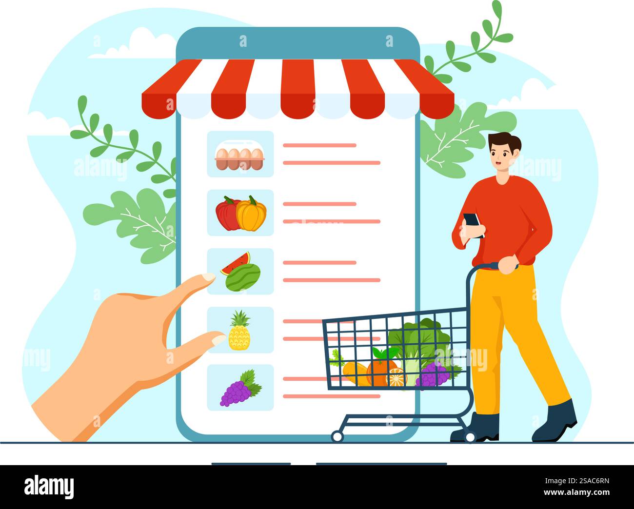 Online Grocery Store Vector Illustration with Food Product Shelves, Racks Dairy, Fruits and ...