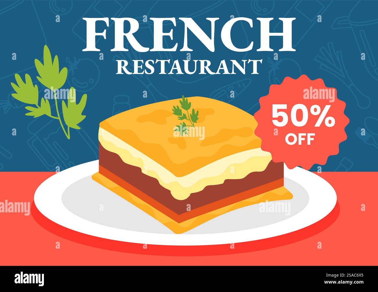 French Restaurant Social Media Background Flat Cartoon Hand Drawn ...