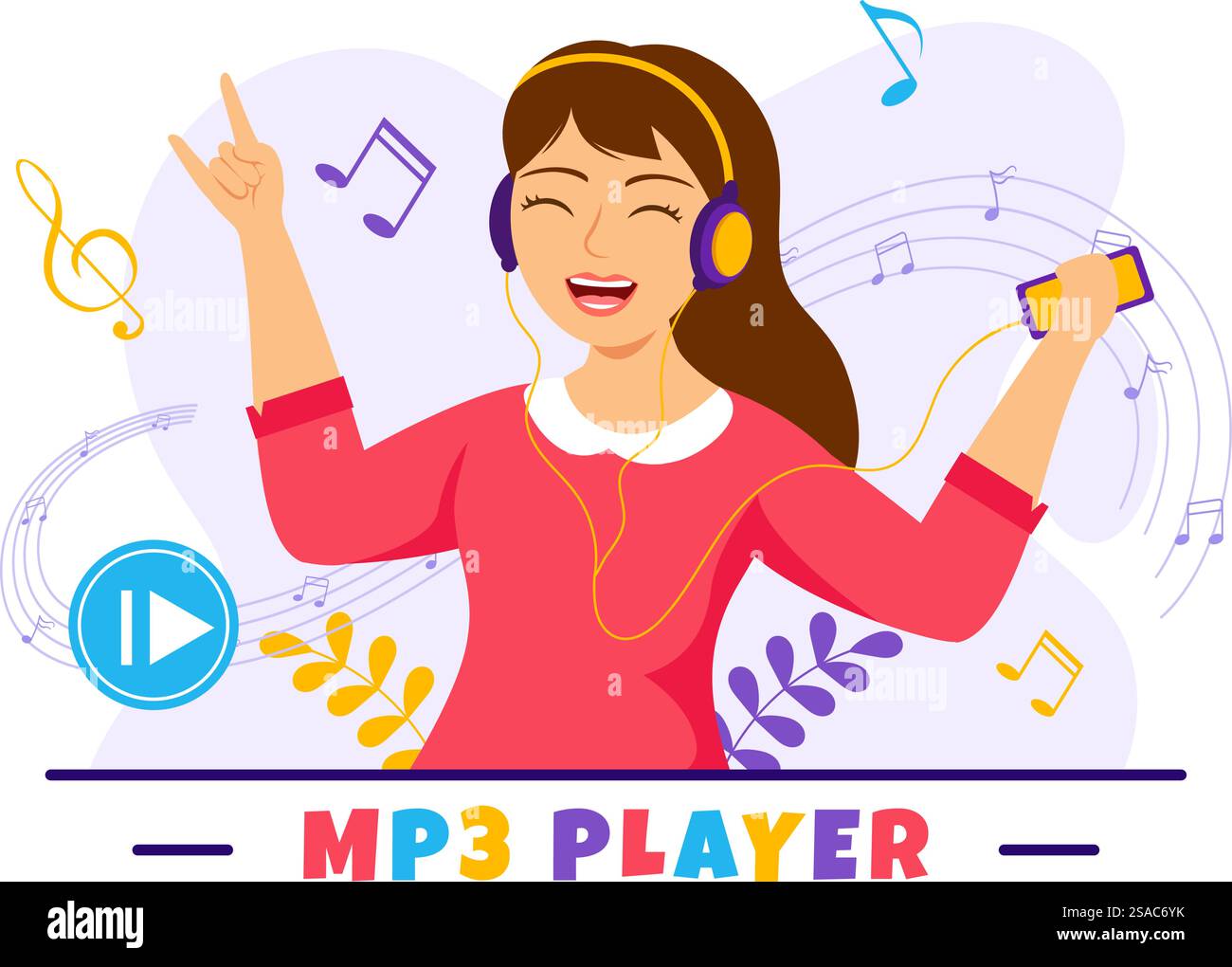 MP3 Player Vector Illustration with Musical Notation, Headphones ...
