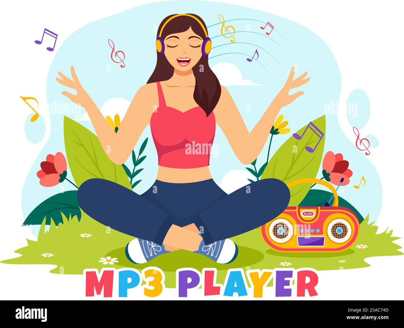 MP3 Player Vector Illustration with Musical Notation, Headphones ...