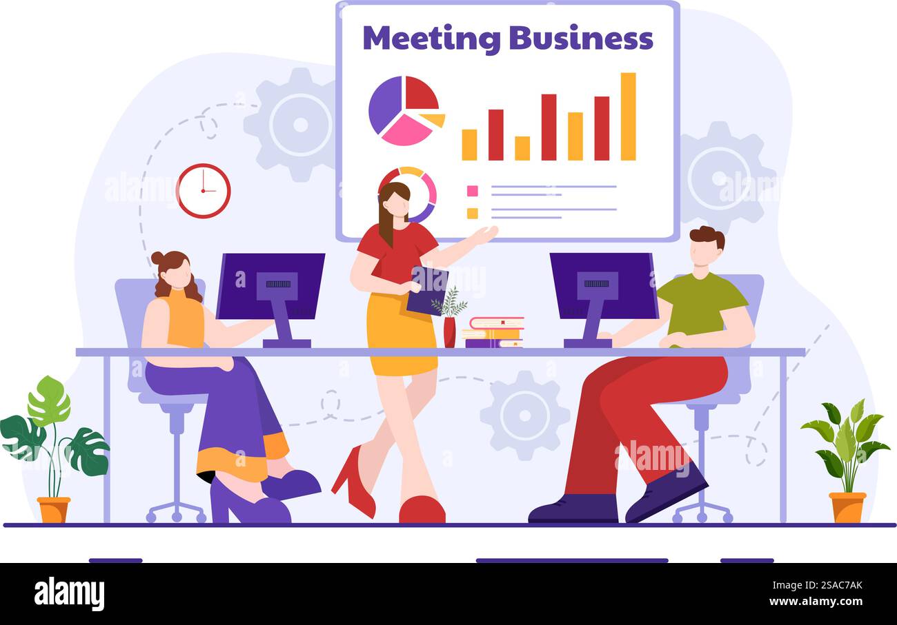 Business Meeting Vector Illustration with Businessman and Employees on ...