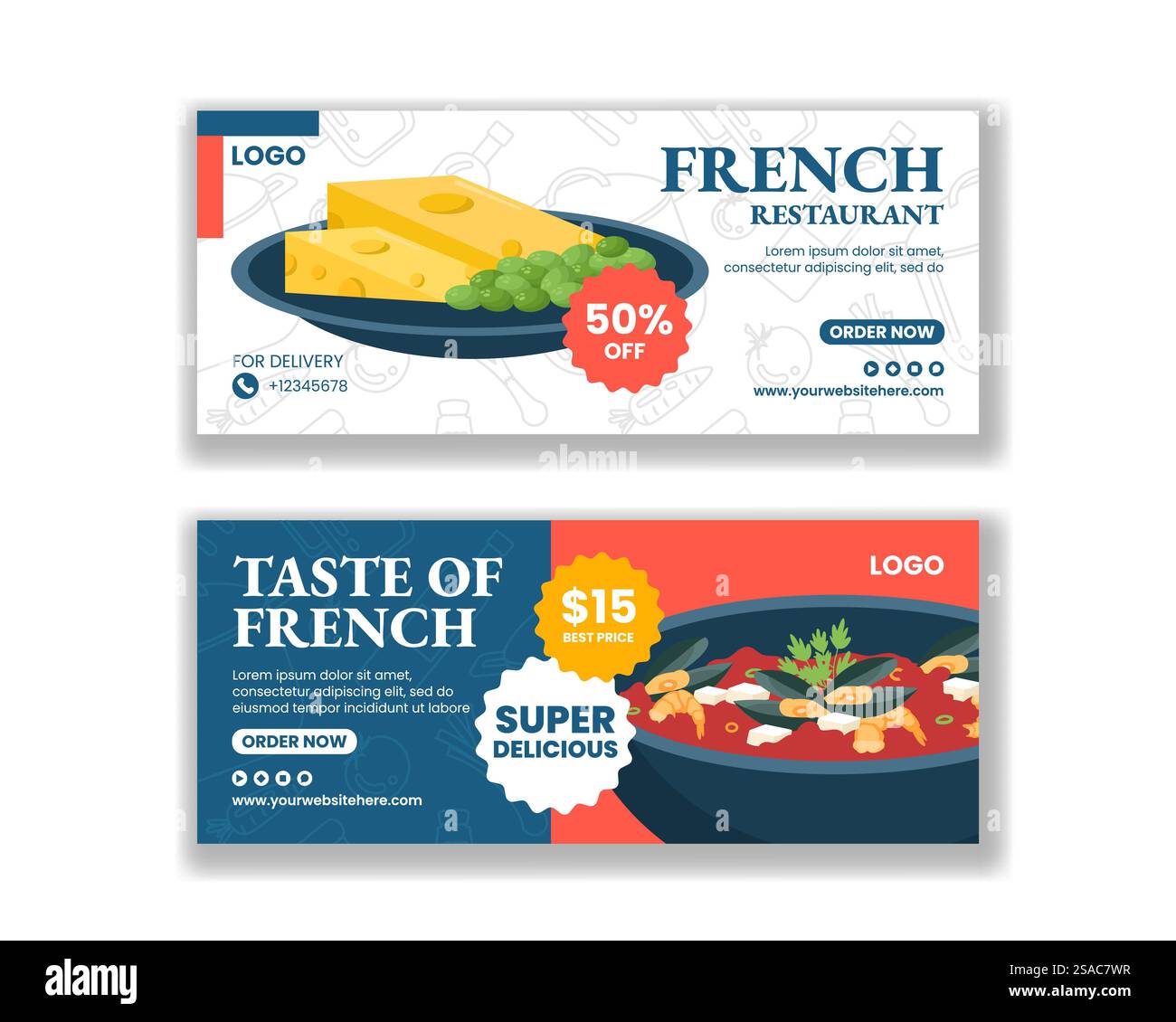 French Restaurant Horizontal Banner Flat Cartoon Hand Drawn Templates ...