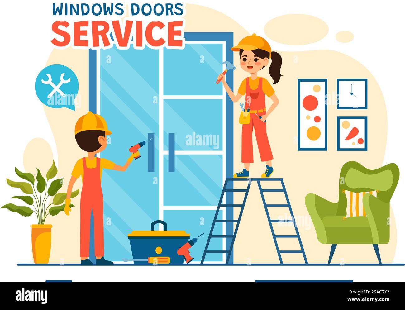 Windows and Doors Installation Service Vector Illustration with Worker ...