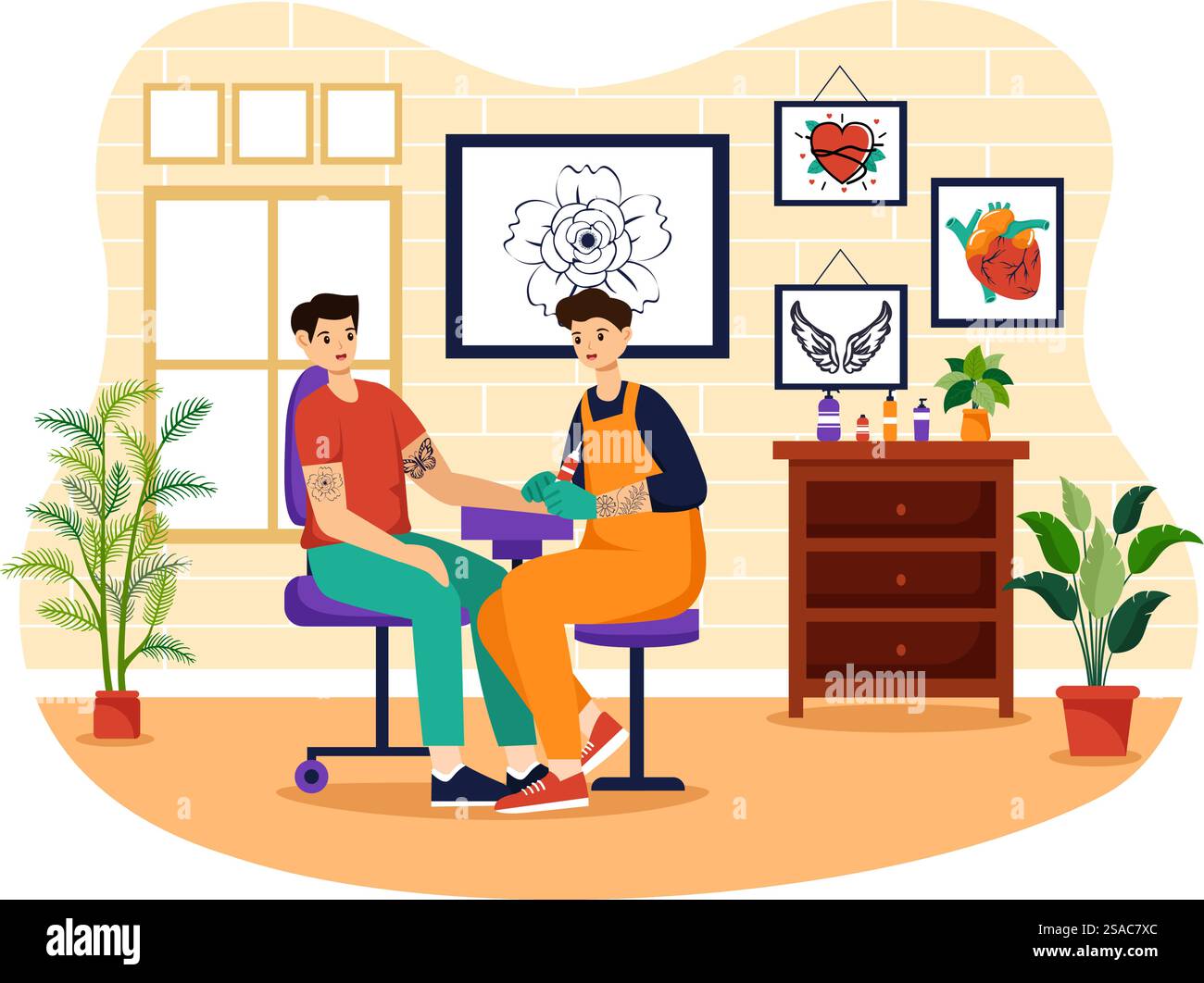 Tattoo Salon Vector Illustration of Tattooist from Designing, Drawing ...