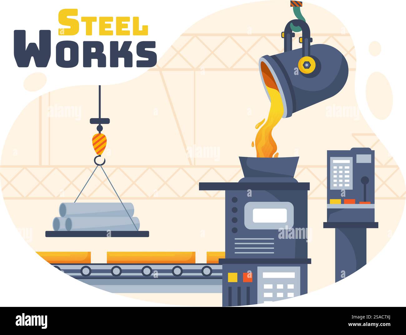 Steelworks Vector Illustration with Resource Mining, Smelting of Metal in Big Foundry and Hot ...