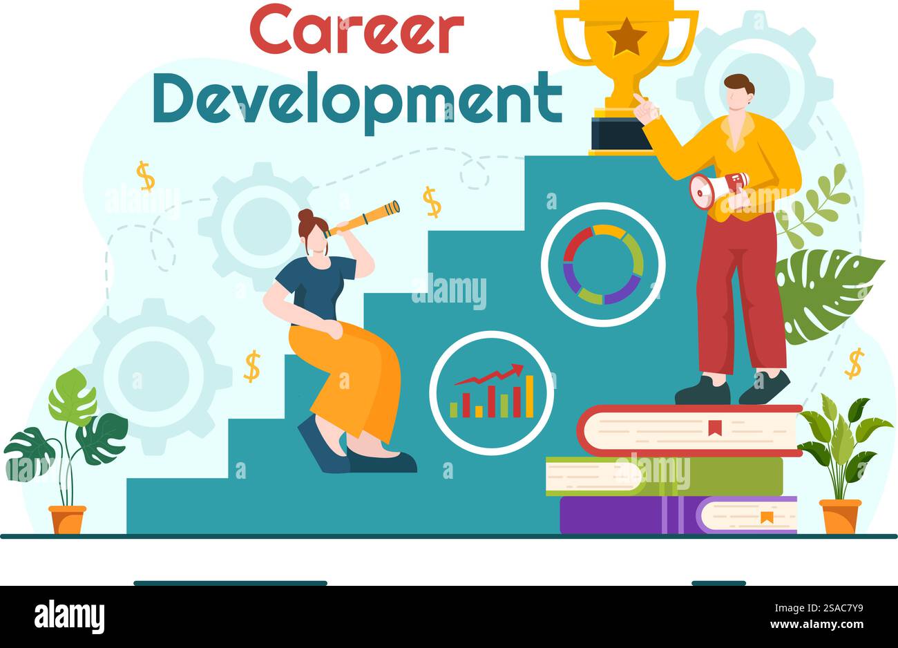 Career Development Vector Illustration with Ladder to Success and ...