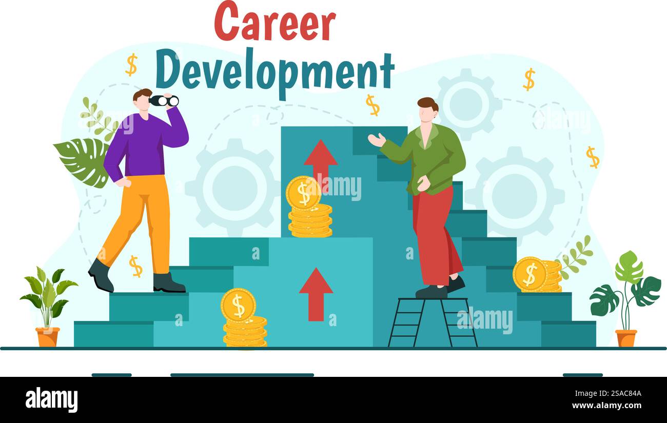Career Development Vector Illustration with Ladder to Success and ...