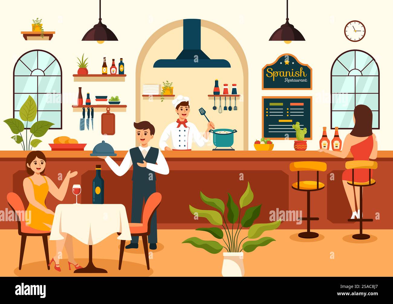 Spanish Restaurant Vector Illustration with Various of Food Menu ...