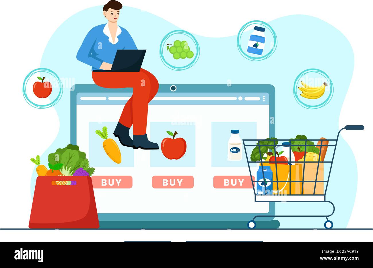 Online Grocery Store Vector Illustration with Food Product Shelves ...