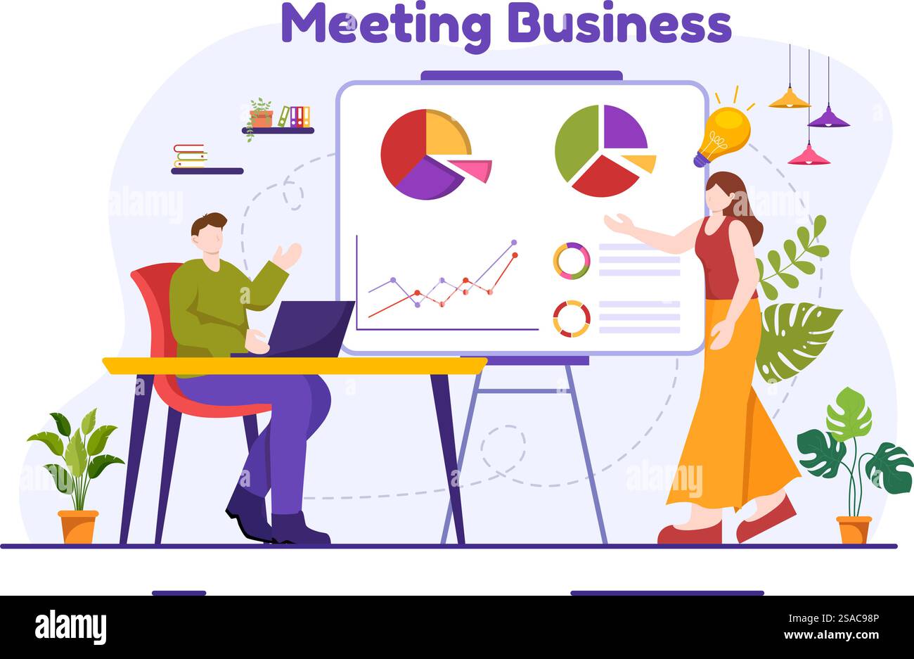 Business Meeting Vector Illustration with Businessman and Employees on ...