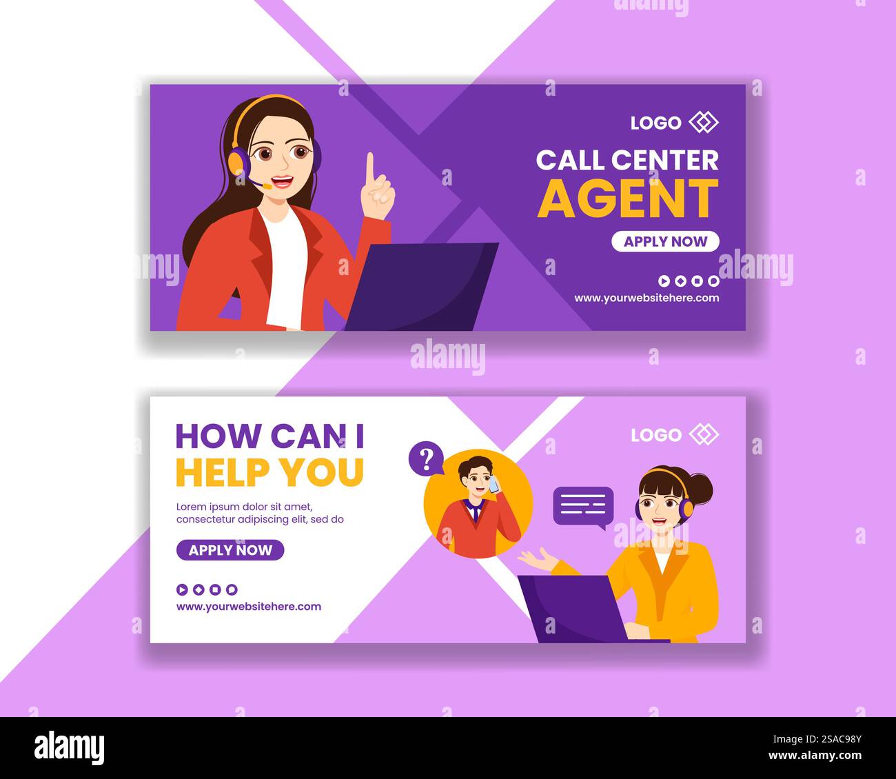 Call Center Agent Horizontal Banner Flat Cartoon Hand Drawn Templates ...