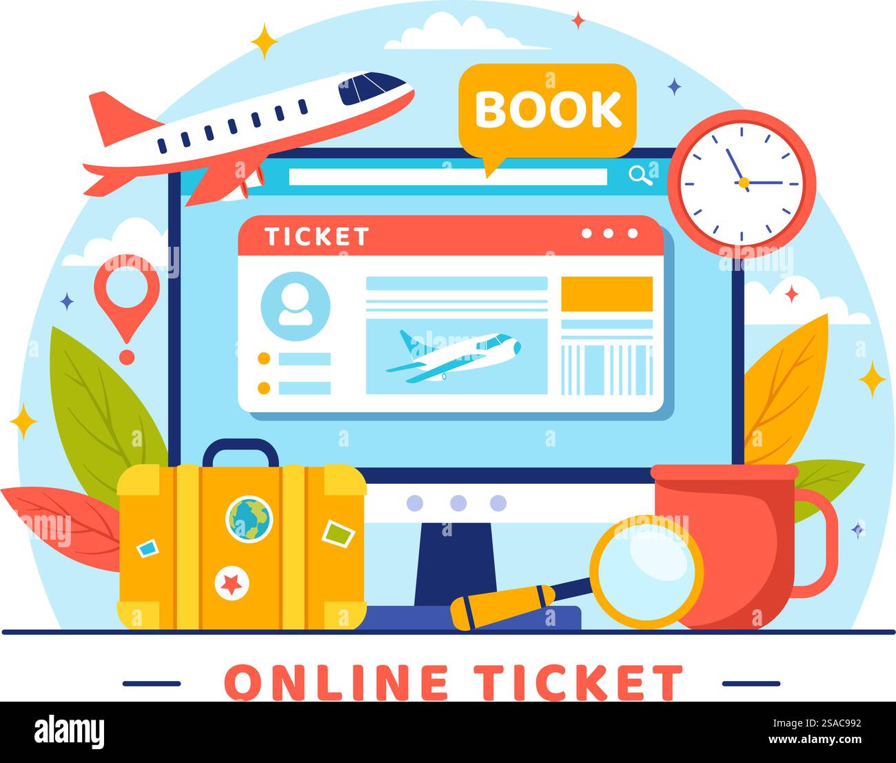 Online Travel Ticket Vector Illustration Through transportation and ...