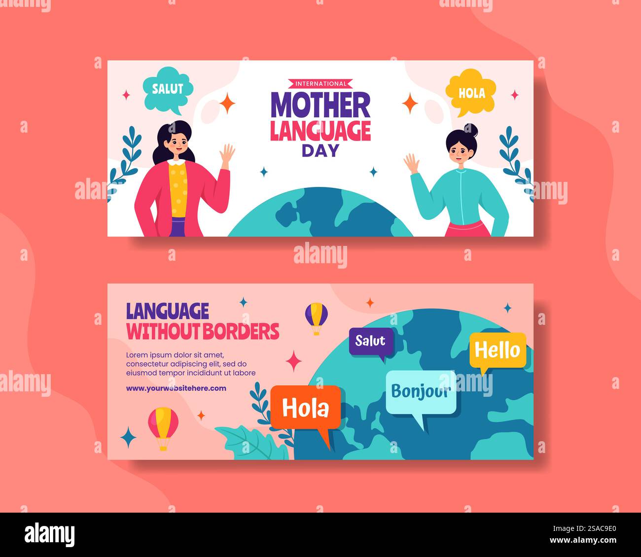 Mother Language Day Horizontal Banner Flat Cartoon Hand Drawn Templates ...
