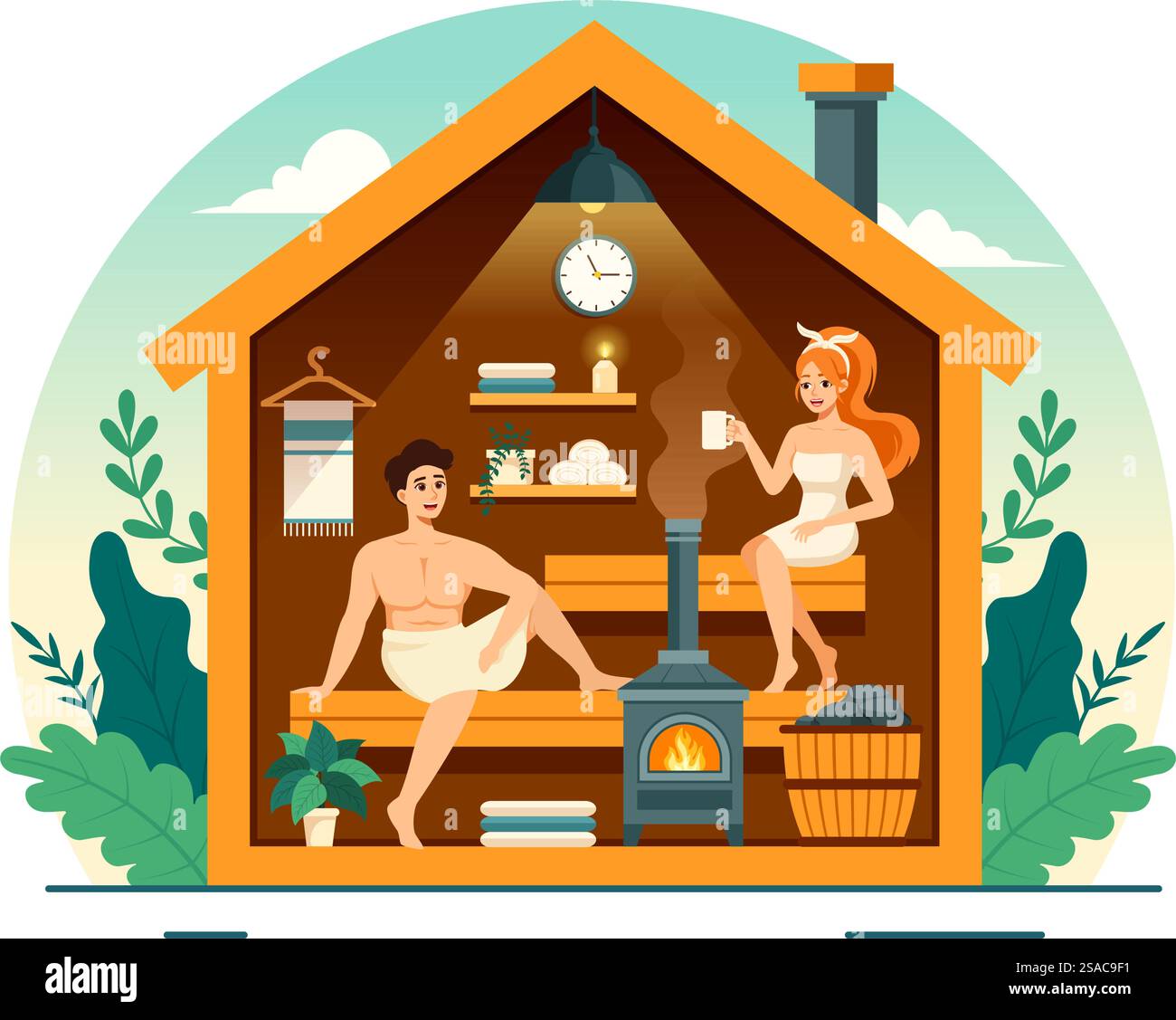 Sauna and Steam Room Vector Illustration with People Relax, Washing Their Bodies or Enjoying ...