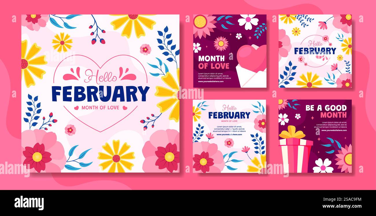 Hello February Social Media Post Flat Cartoon Hand Drawn Templates ...