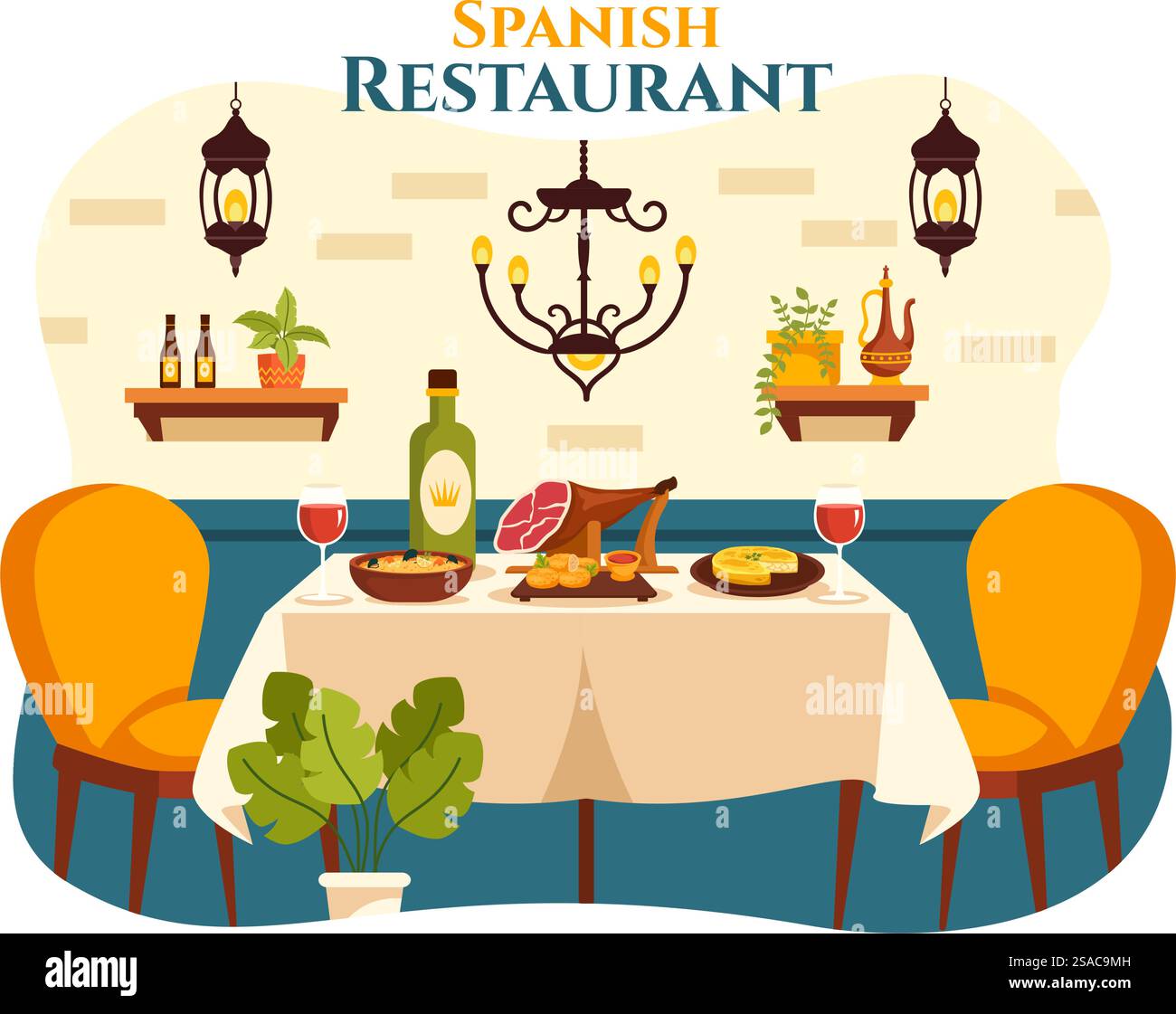 Spanish Restaurant Vector Illustration with Various of Food Menu ...