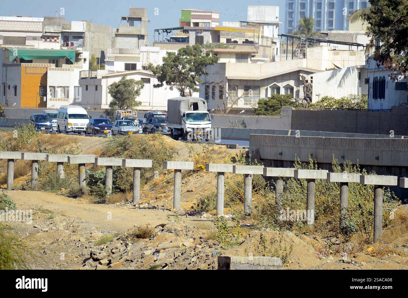 KARACHI, PAKISTAN, JAN 29: Safety wall of Lyari Expressway River bridge ...