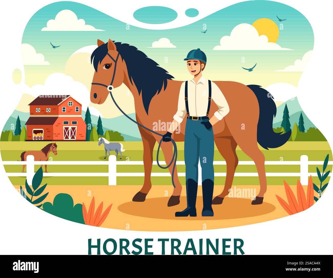 Equestrian Sport Horse Trainer Vector Illustration with Training ...