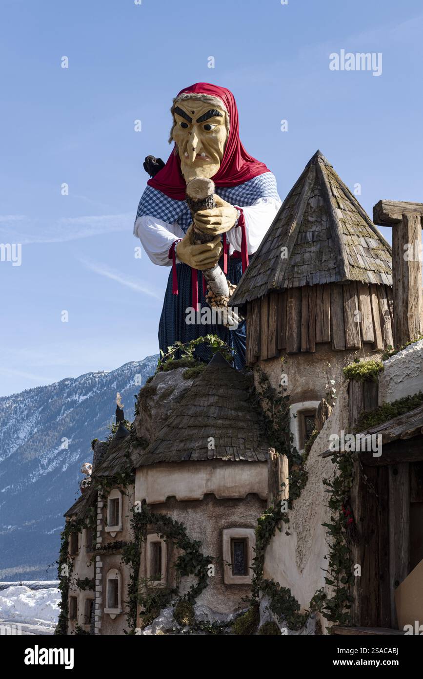 Witch on witch's house, float, parade at carnival in Tarrenz, Tyrol ...