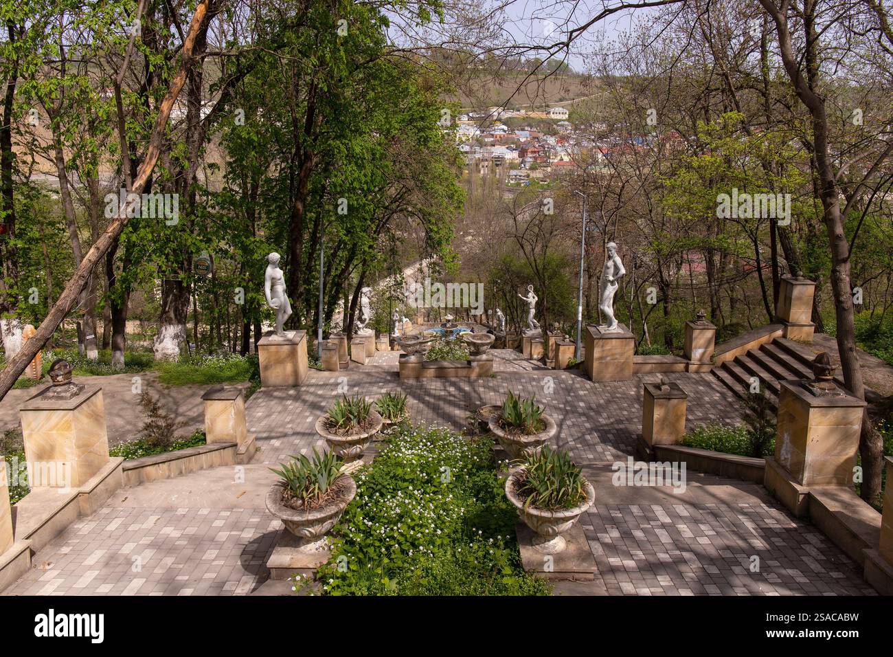 City of Guba. Azerbaijan. 06.28.2023. Staircase with sculptures leading ...