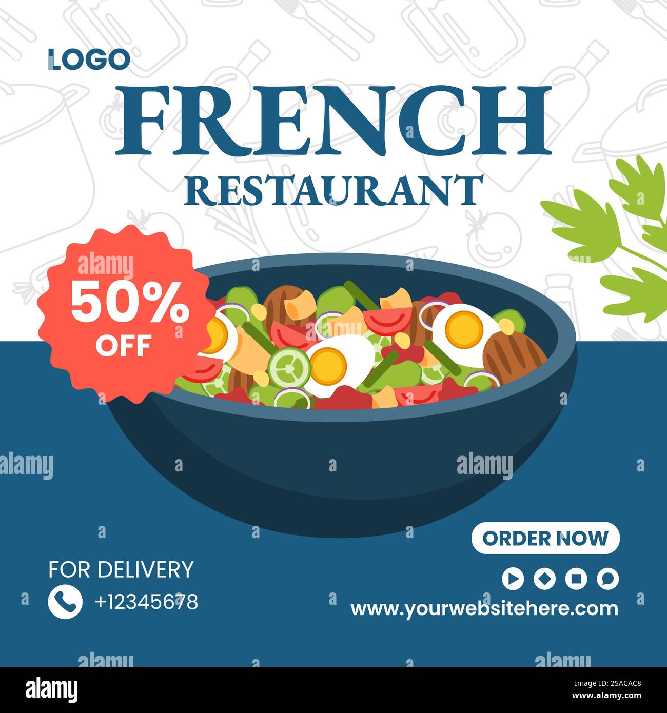 French Restaurant Social Media Illustration Flat Cartoon Hand Drawn ...