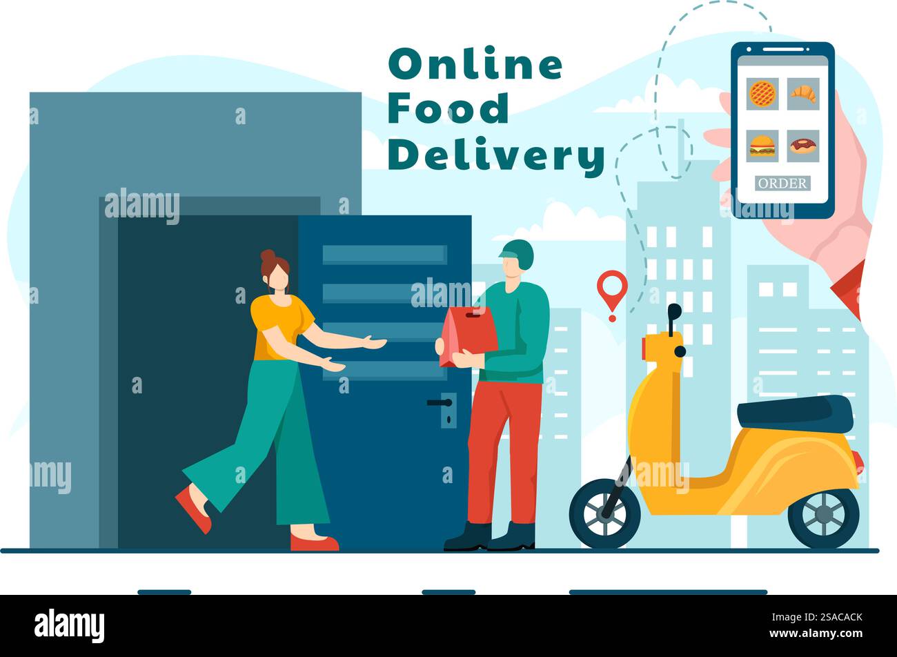 Online Food Delivery Vector Illustration with Order Food on the Phone ...