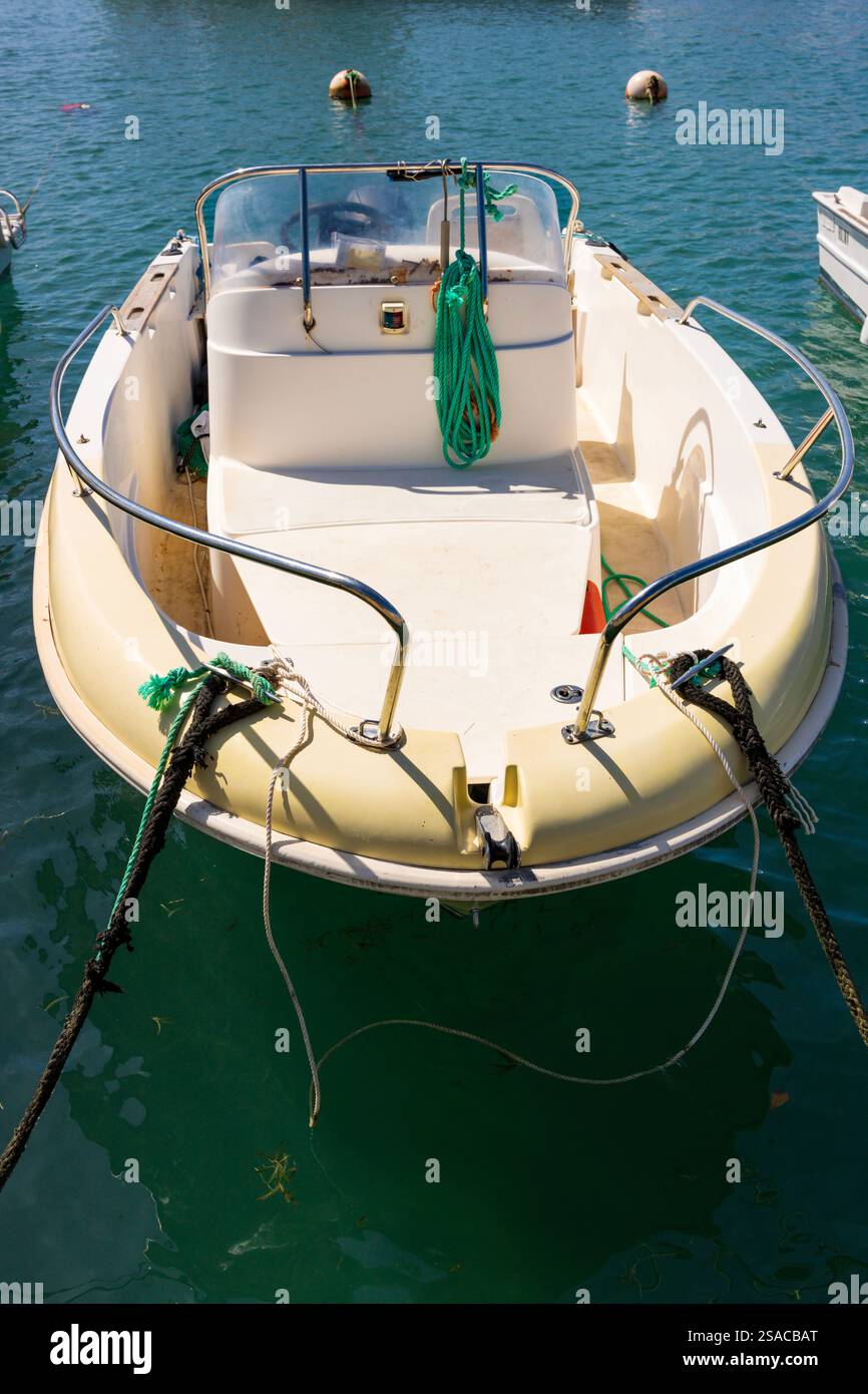 White small boat in the port of Gustavia, Saint Barthelemy (St. Barts ...