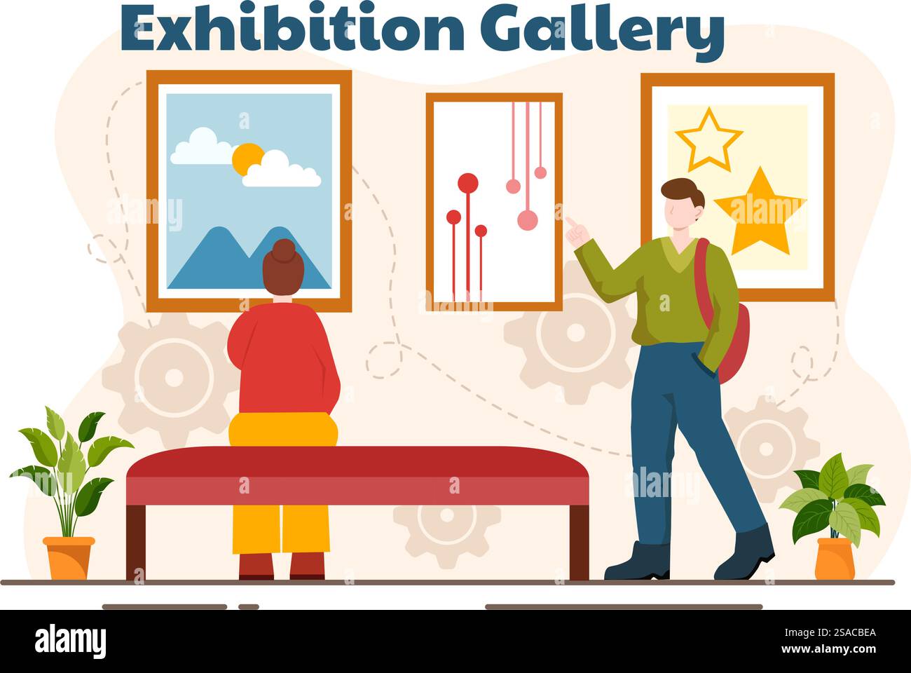 Exhibition Visitors Viewing a Gallery with Modern Abstract Painting at ...