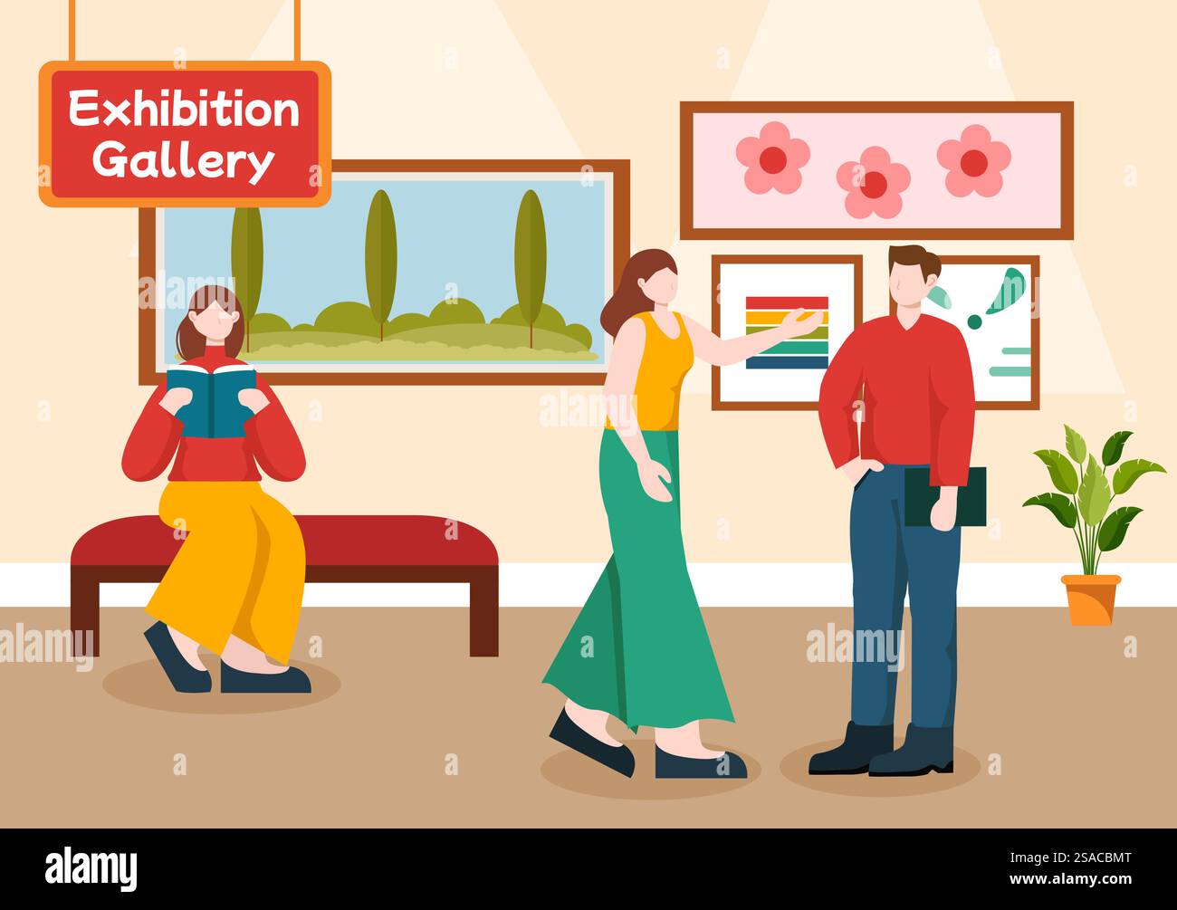 Exhibition Visitors Viewing a Gallery with Modern Abstract Painting at ...