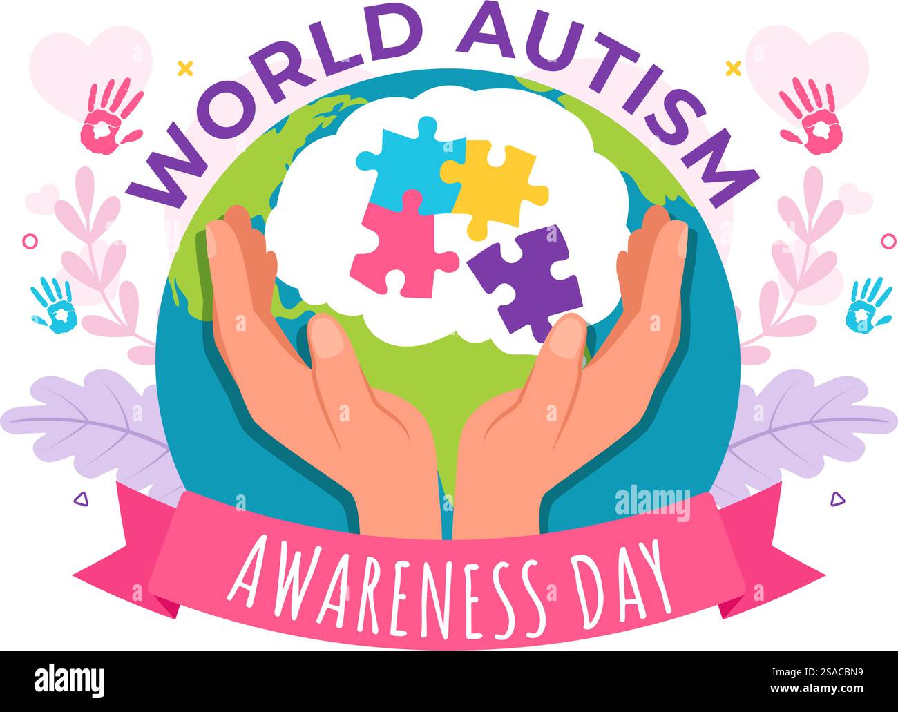 World Autism Awareness Day Vector Illustration with Ribbon of Puzzle ...