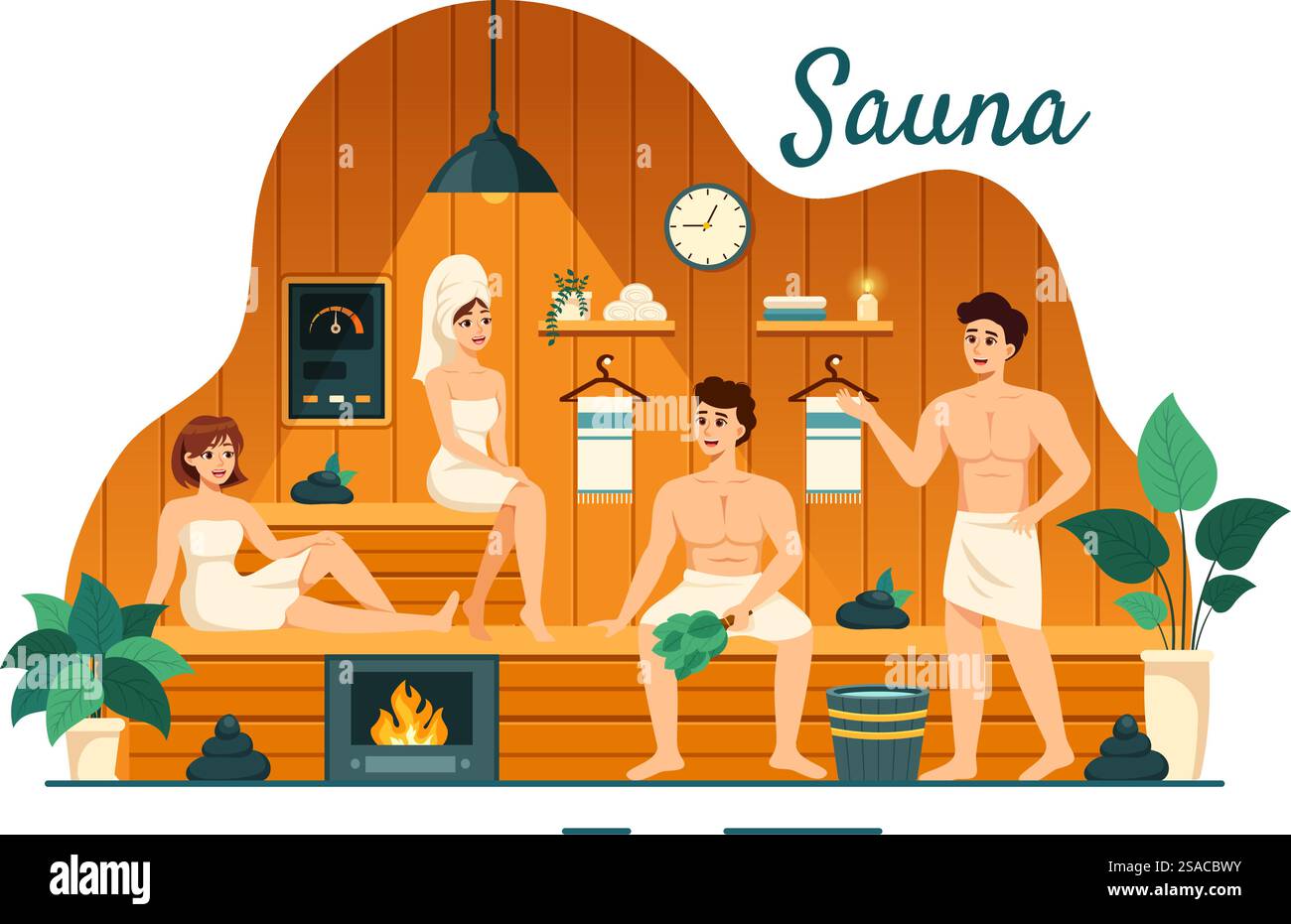 Sauna and Steam Room Vector Illustration with People Relax, Washing Their Bodies or Enjoying ...