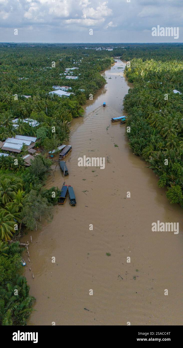 Aerial view of Vietnamese forest on the Mekong Delta, waterway ...