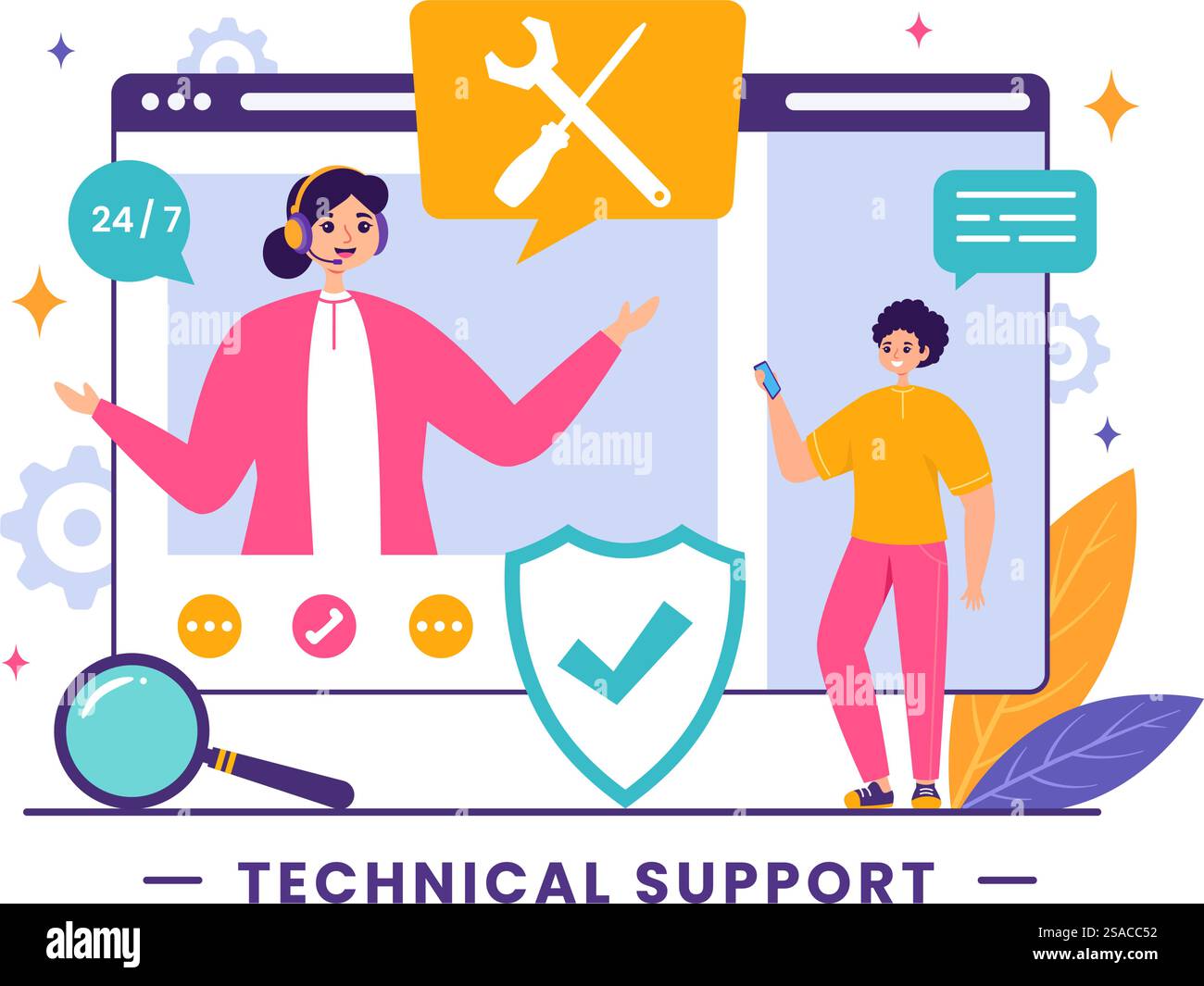 Vector Illustration of a Technical Support System featuring Software Development, Customer ...