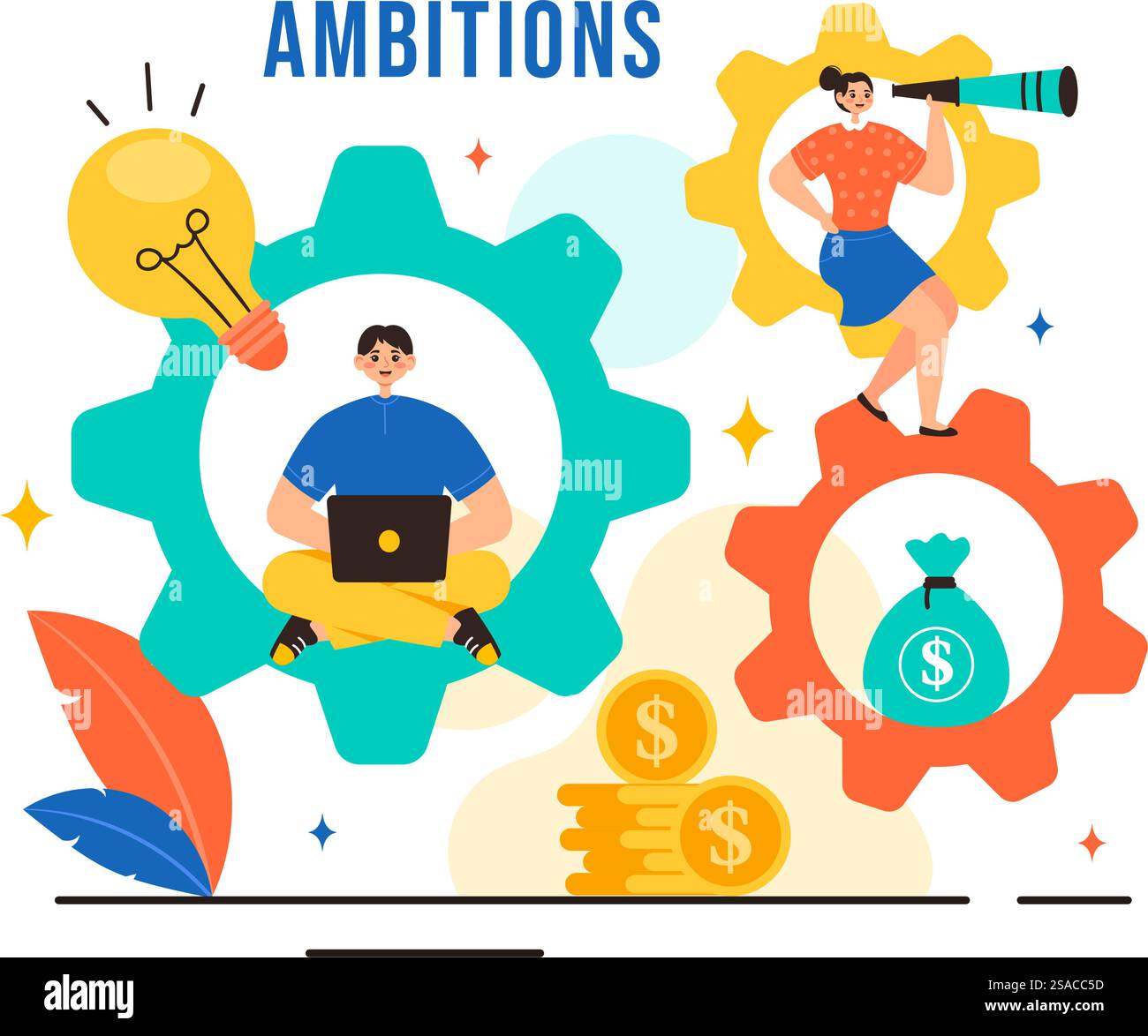 Ambition Illustration with Entrepreneur Climbing the Ladder to Success ...