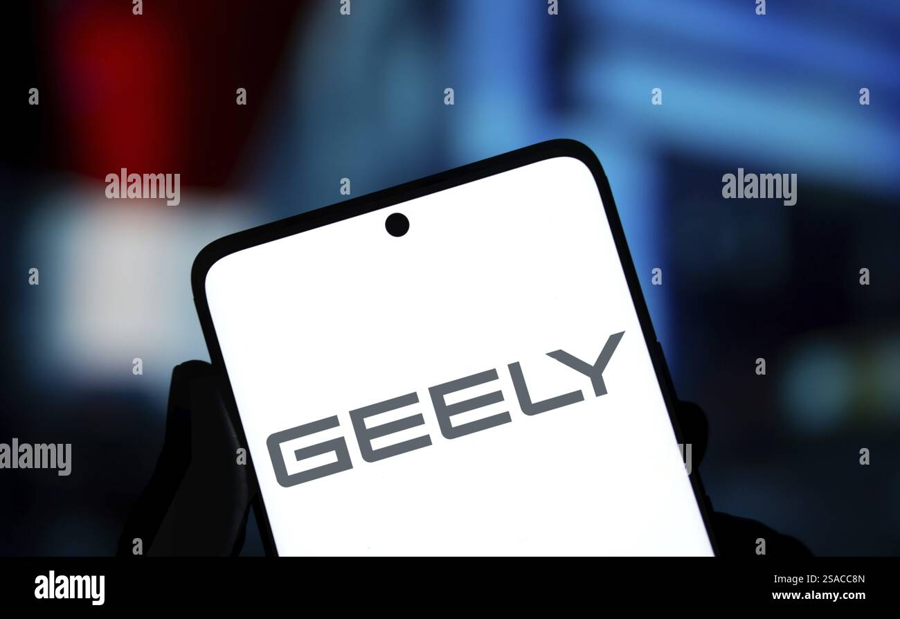 Geely logo is displayed on smartphone. Zhejiang Geely Holding Group Co ...