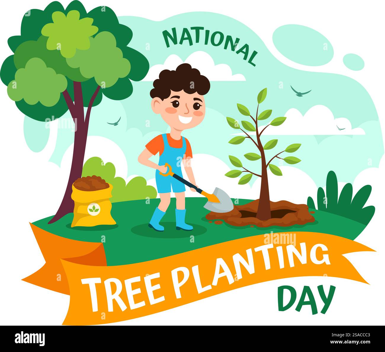 National Tree Planting Day Vector Illustration with Kids Plant Seedling ...