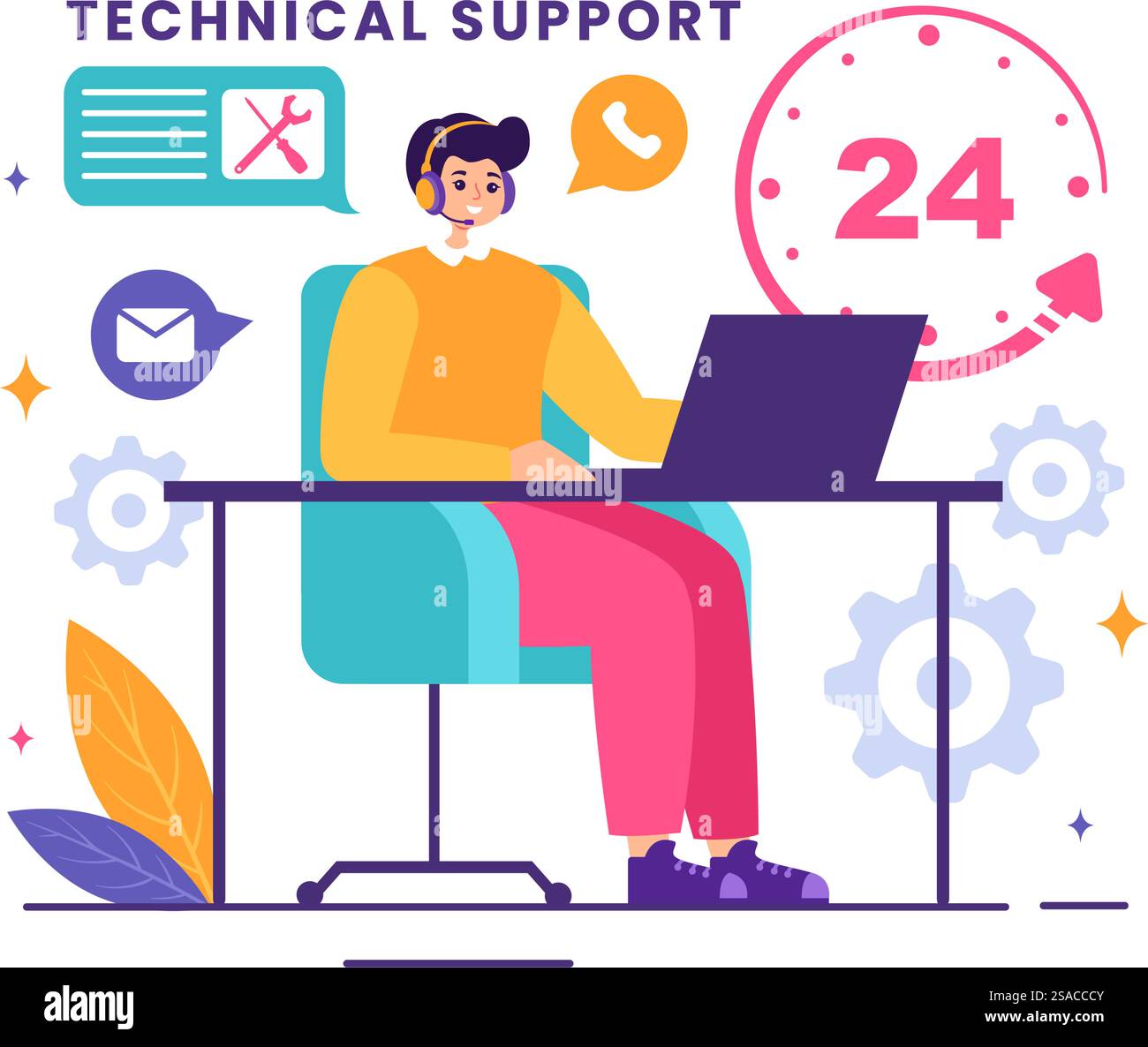 Vector Illustration of a Technical Support System featuring Software ...